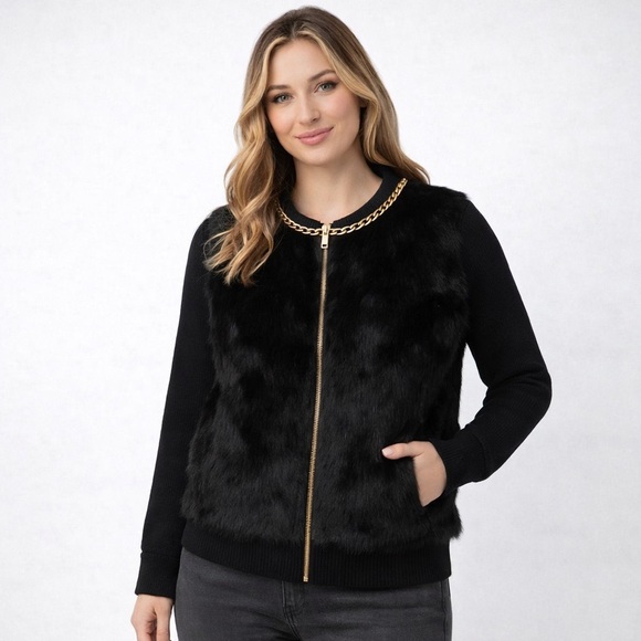 Belldini | Jackets & Coats | Nwt Black Faux Fur Front Zip Jacket With ...